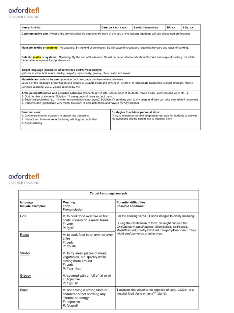 Sample Lesson Plan - Vocabulary | PDF | Roasting | Grilling