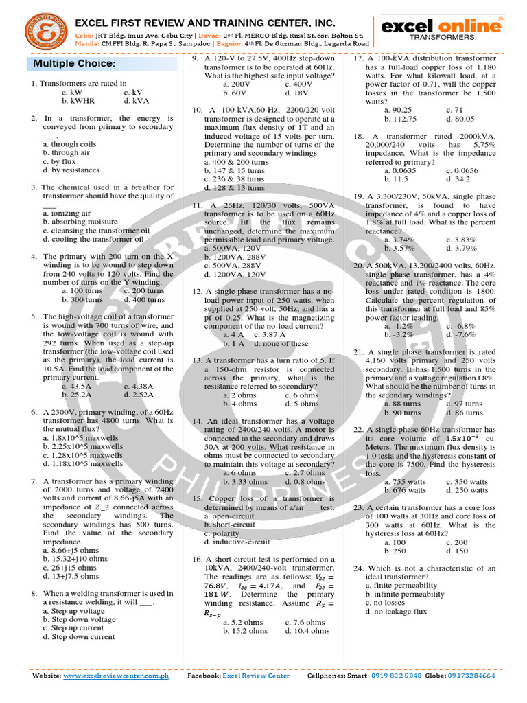 Transformer Exam Prep Guide | PDF | Transformer | Electrical Impedance