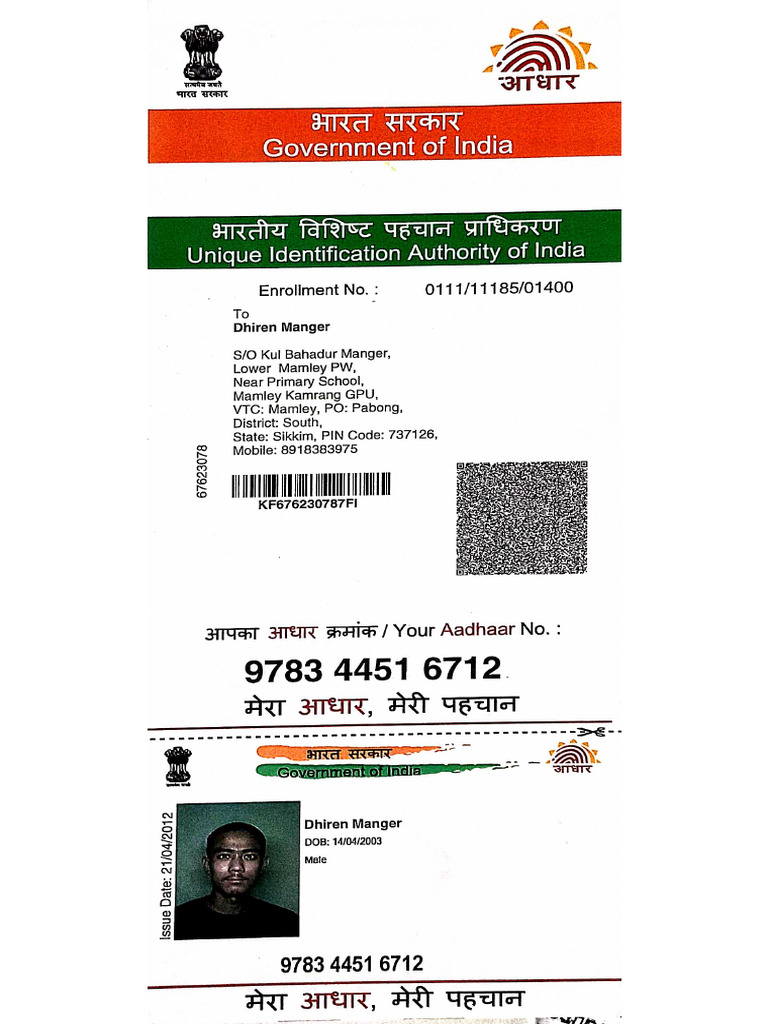 Dhiren Manger Adhar Card | PDF