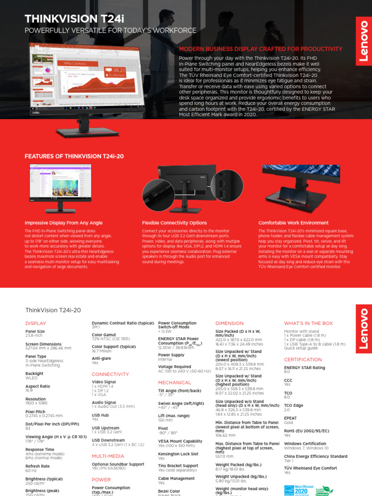 LENOVO Monitor ThinkVision T24i-20 Datasheet (EN) | PDF | Computer Monitor | Display Technology