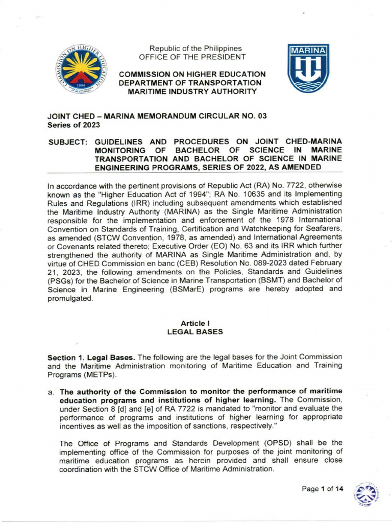 JOINT CHED MARINA MEMORANDUM CIRCULAR No. 03 | PDF