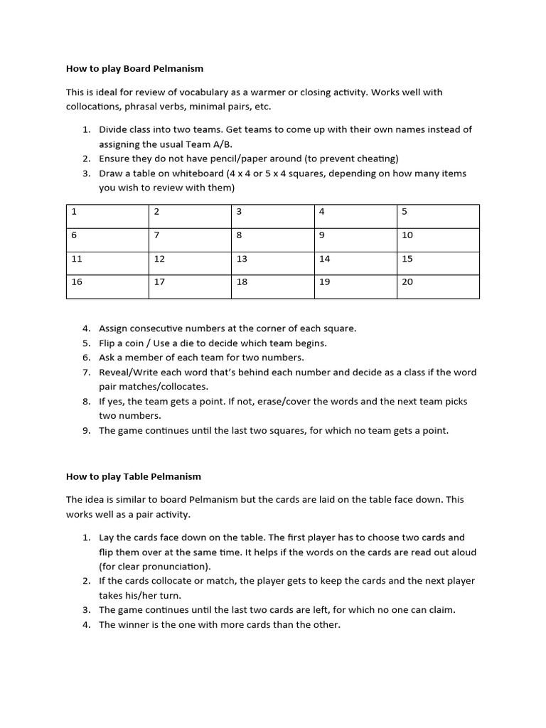 How to Play Pelmanism Games | PDF | Linguistics