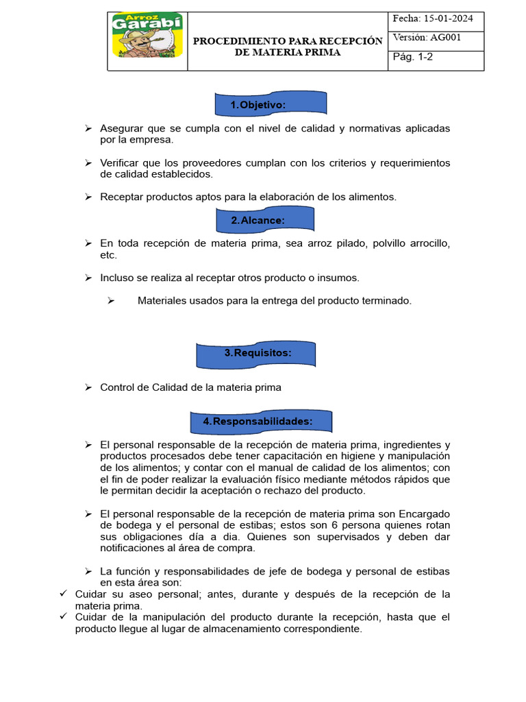 Procedimiento de Recepcion de Materia Prima | PDF