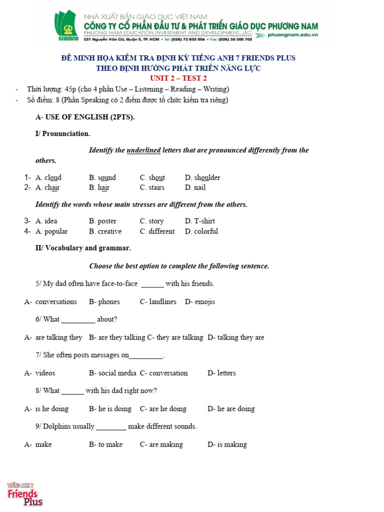 Tiếng Anh 7 Friends Plus - Unit 2 - Test 2 | PDF | English Language ...