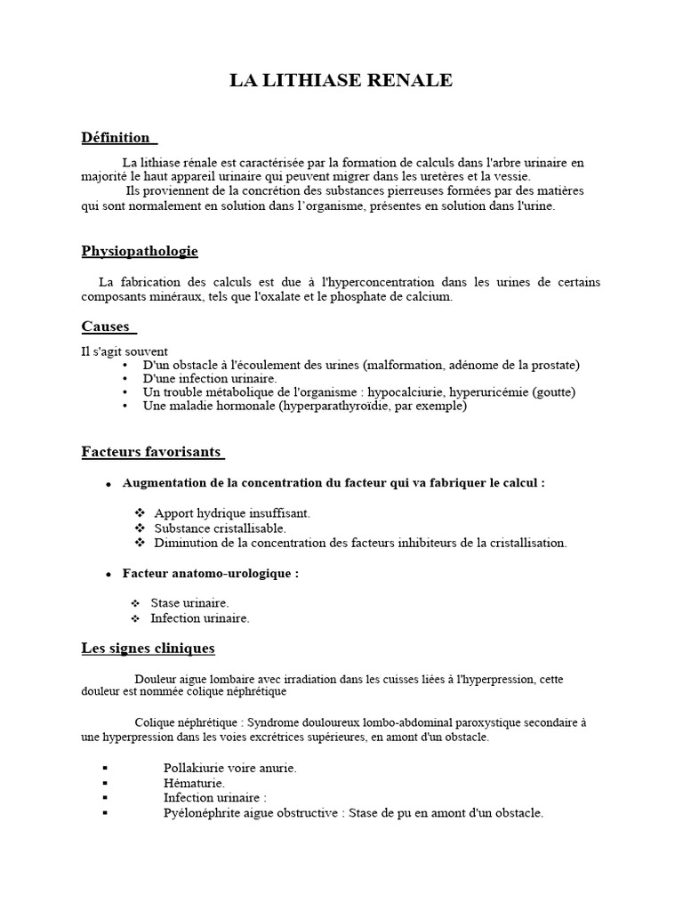 Lithiase rénale : causes et traitements | PDF | Urine | Causes de décès