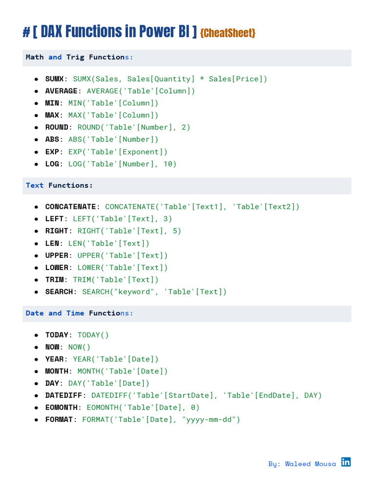 (DAX Functions in Power BI) - Cheatsheet-1 | PDF | Applied Mathematics | Statistical Analysis