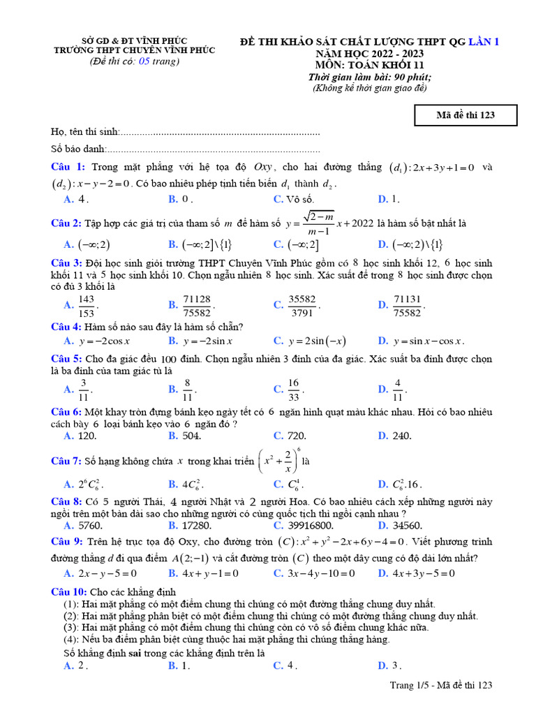 đề thi kscl toán 11 CVP | PDF