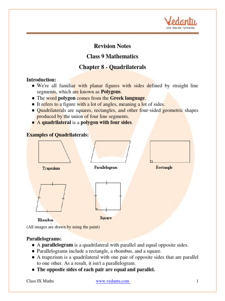 Quadrilaterals Class 9 Notes Cbse Maths Chapter 8 Pdf Pdf