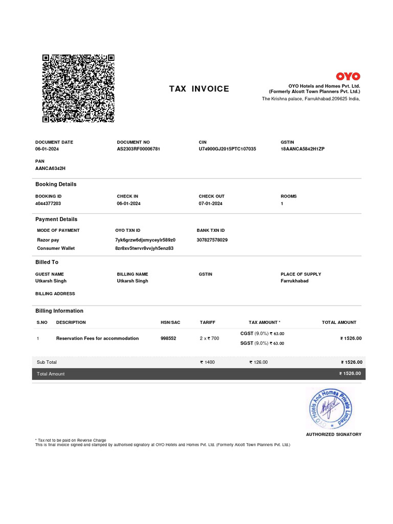 Hotel Bill Farrukhabad | Download Free PDF | Invoice | Economies