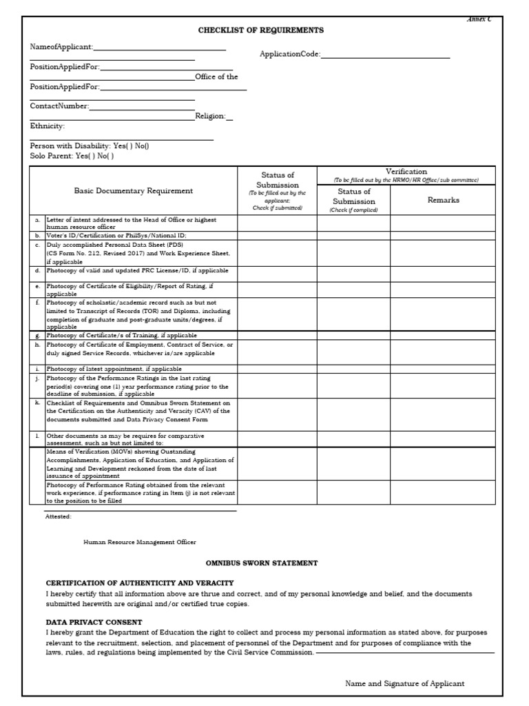 DepEd Annex C Requirements Checklist | PDF | Authentication