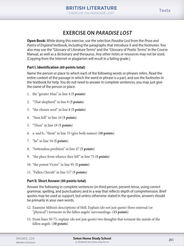 Exercise On Paradise Lost-22A | PDF | Language Arts & Discipline