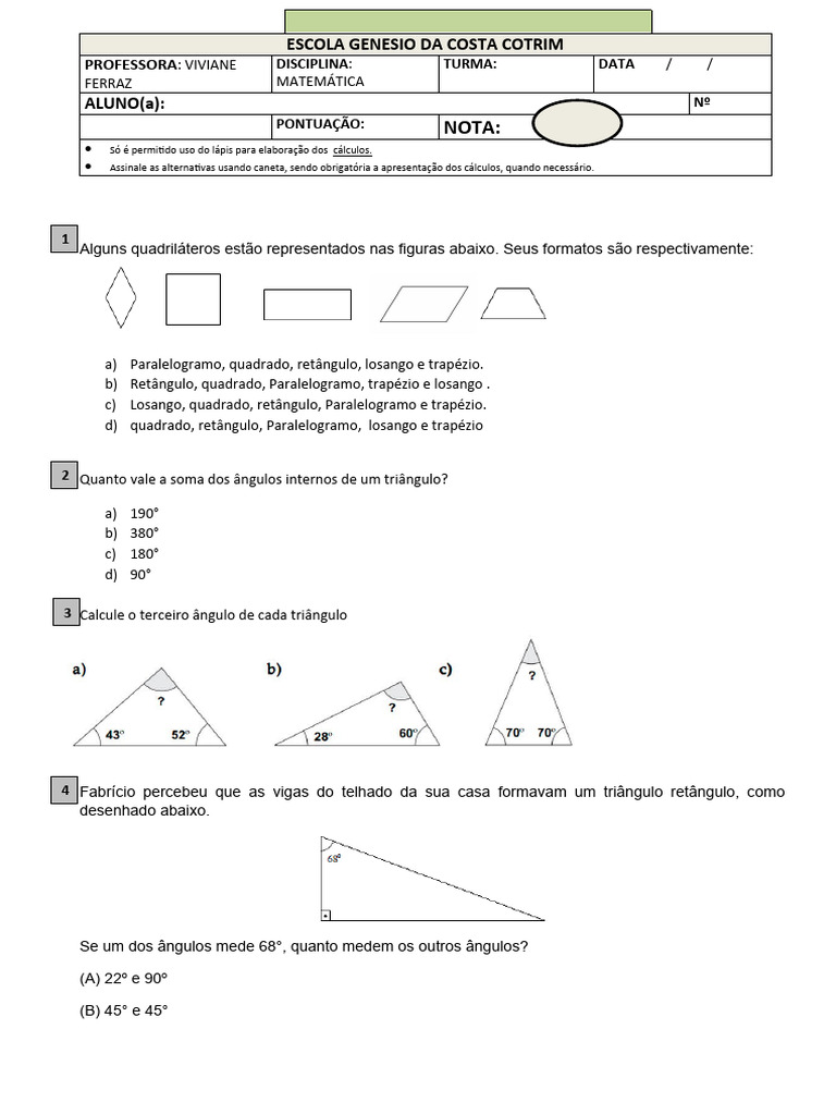 Simulado para Prova 8 Ano I Bimestre | PDF | Triângulo | Geometria Elementar