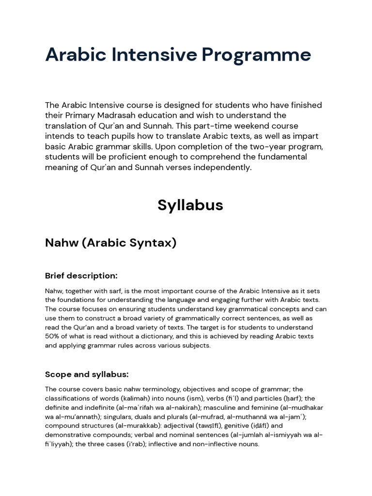 Arabic Intensive Programme Pdf Arabic Syntactic Relationships