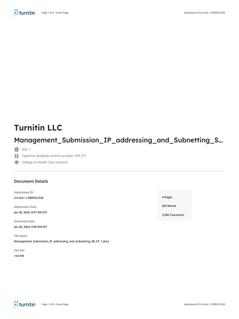 Management Submission IP Addressing and Subnetting SB CP 1 2 | PDF | Ip ...