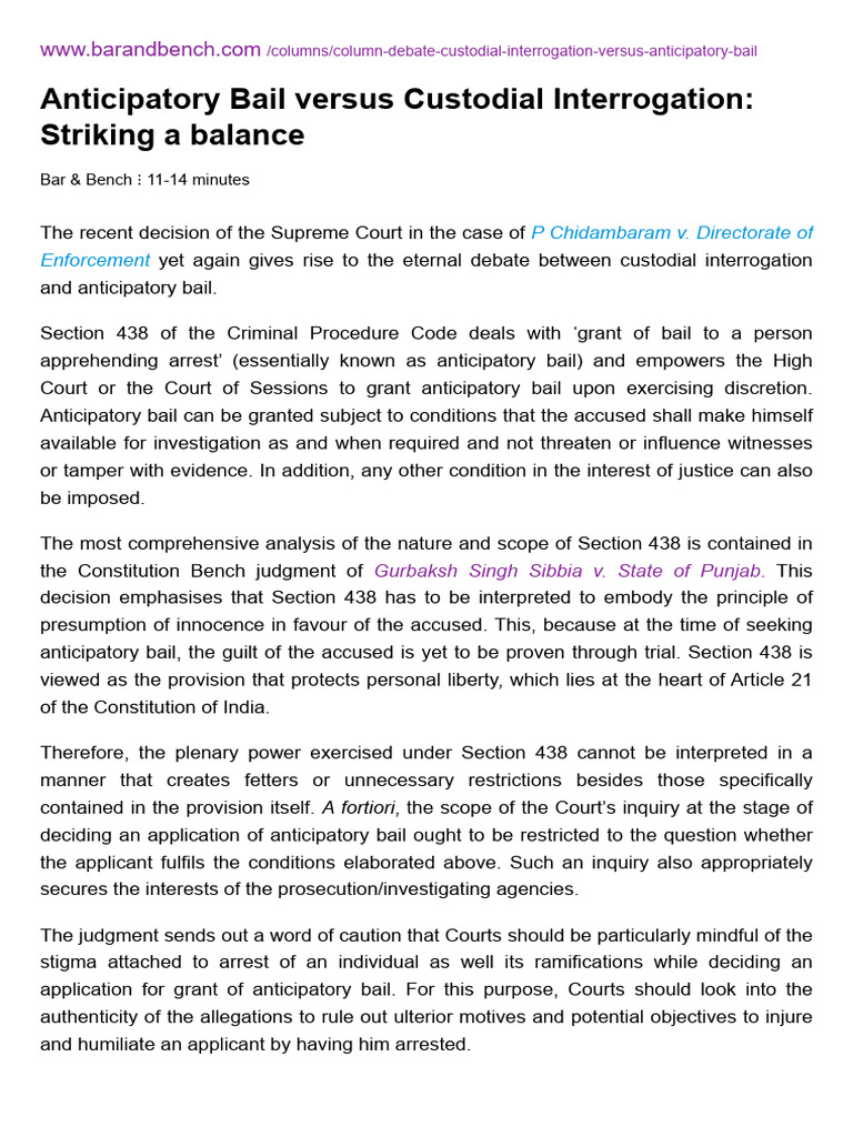 Anticipatory Bail vs. Custodial Interrogation | PDF | Bail | Arrest