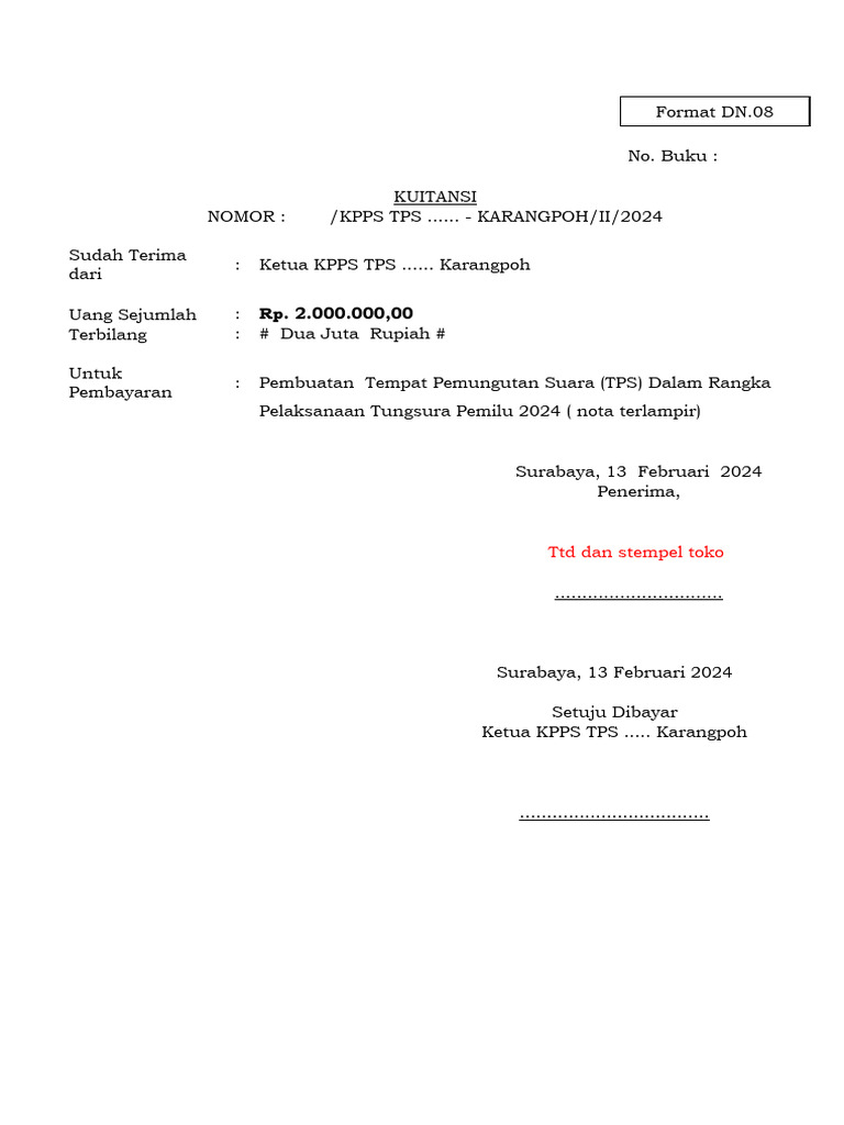 Kuitansi Pembayaran TPS Pemilu 2024 | PDF