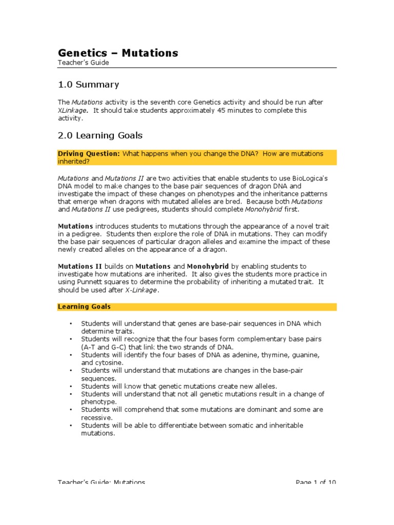 Genetics - Mutations: 1.0 Summary | PDF | Nucleic Acid Sequence | Mutation