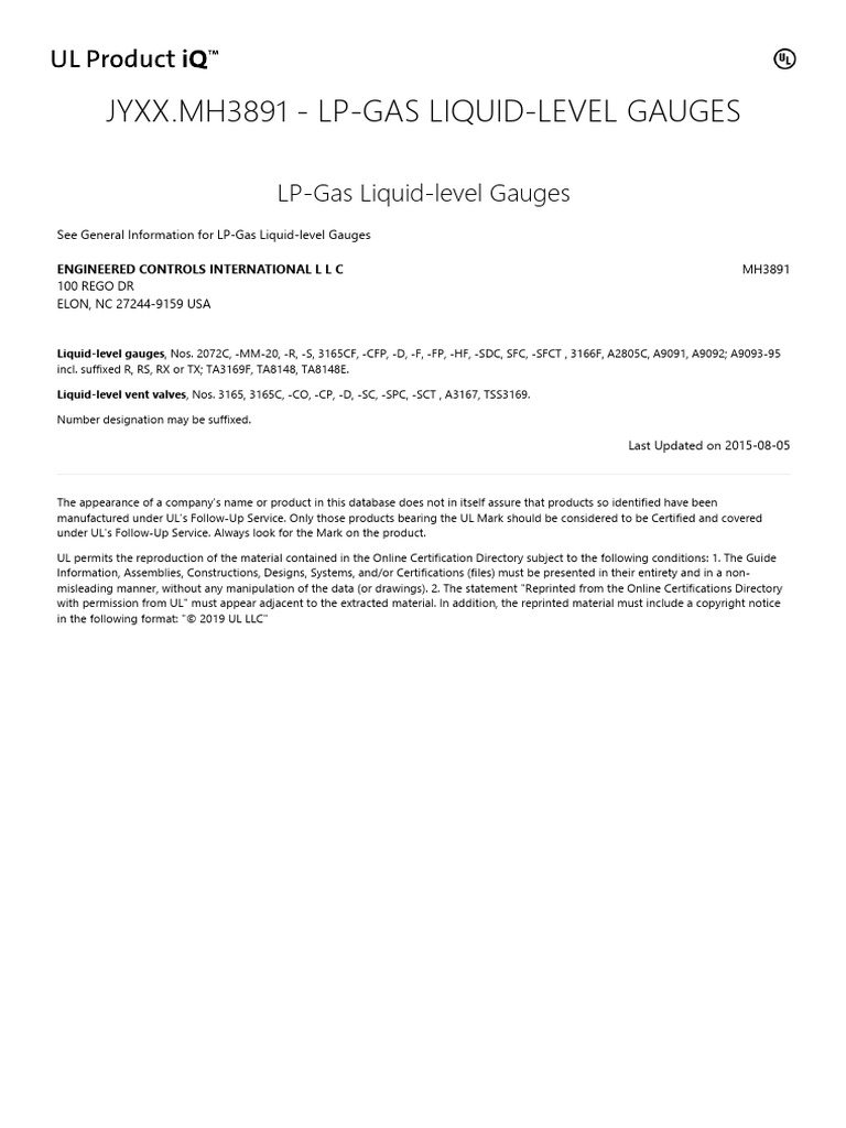 LP-GAS LIQUID-LEVEL GAUGES - UL Product Iq | PDF