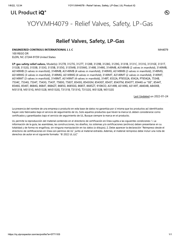 YOYV - MH4079 - Relief Valves, Safety, LP-Gas - UL Product Iq | PDF ...