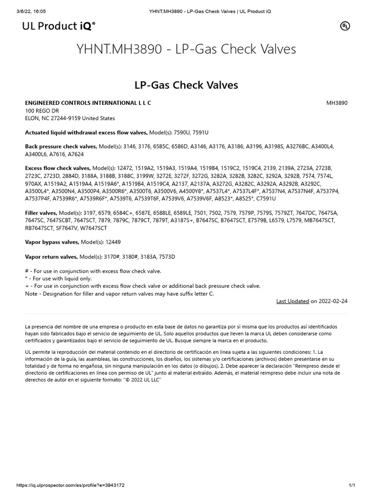 YHNT - MH3890 - LP-Gas Check Valves - UL Product Iq | PDF | Informática ...