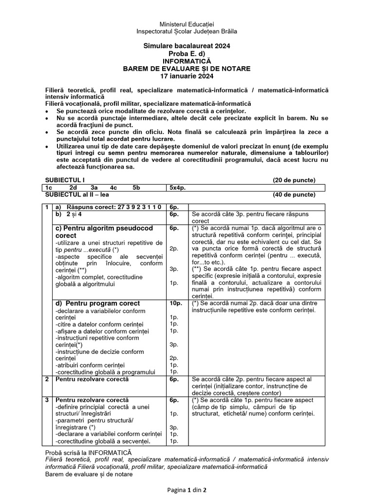Simulari Bacalaureat - Informatica 2024 | PDF