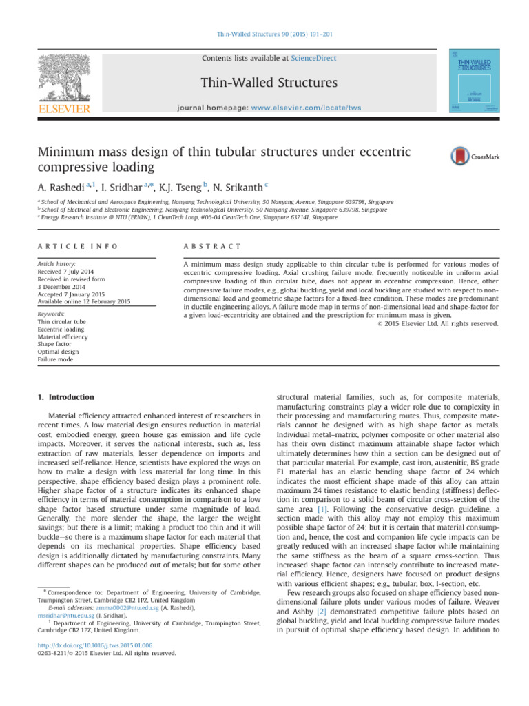 Minimum Mass Design Of Thin Tubular Structures Under Ecc 2015 Thin Walled St Pdf