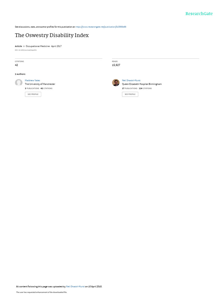 Oswestry Low Back Disability Questionnaire | PDF | Medicine | Clinical ...