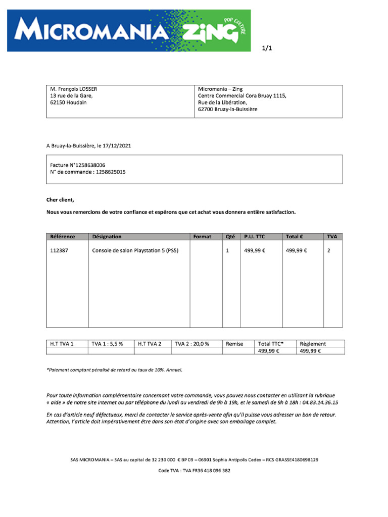 Facture Micromania | PDF