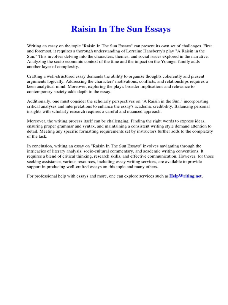 Raisin in The Sun Essays | PDF | Essays | Critical Thinking