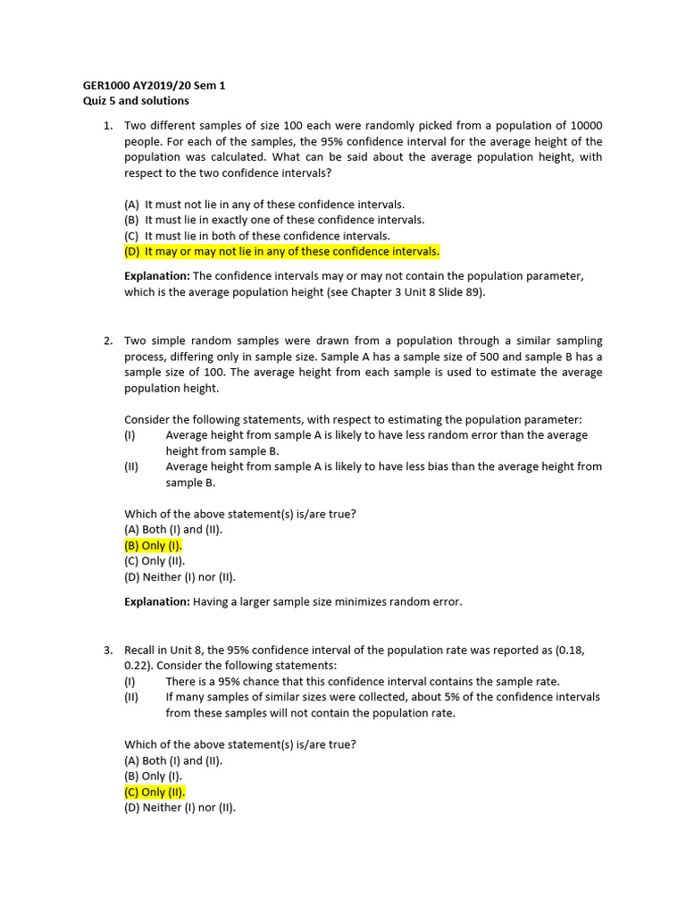 Quiz 5 and Solutions | PDF | Sampling (Statistics) | Sample Size ...