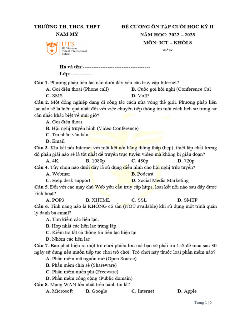 De Cuong On Tap Ck2-Ict-K8 | PDF