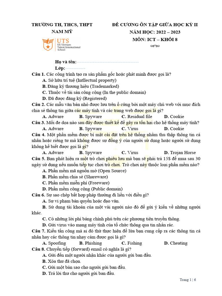 De Cuong On Tap Gk2-Ict-K8 | PDF