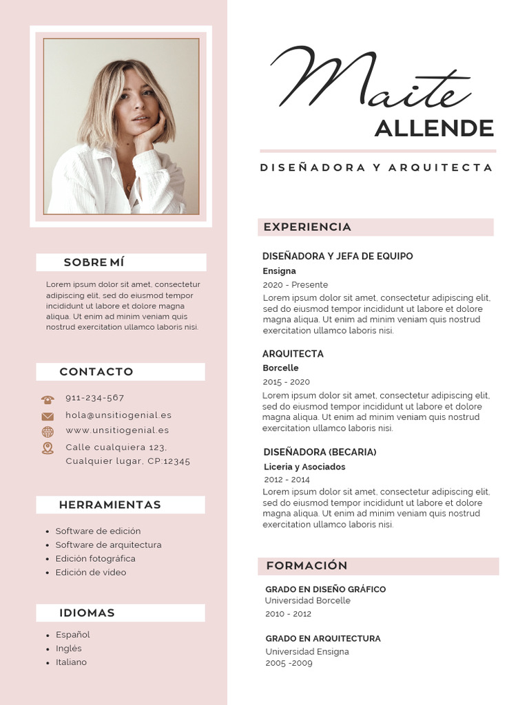 Currículum Vitae CV Diseñadora y Arquitecta Minimalista Rosa | PDF