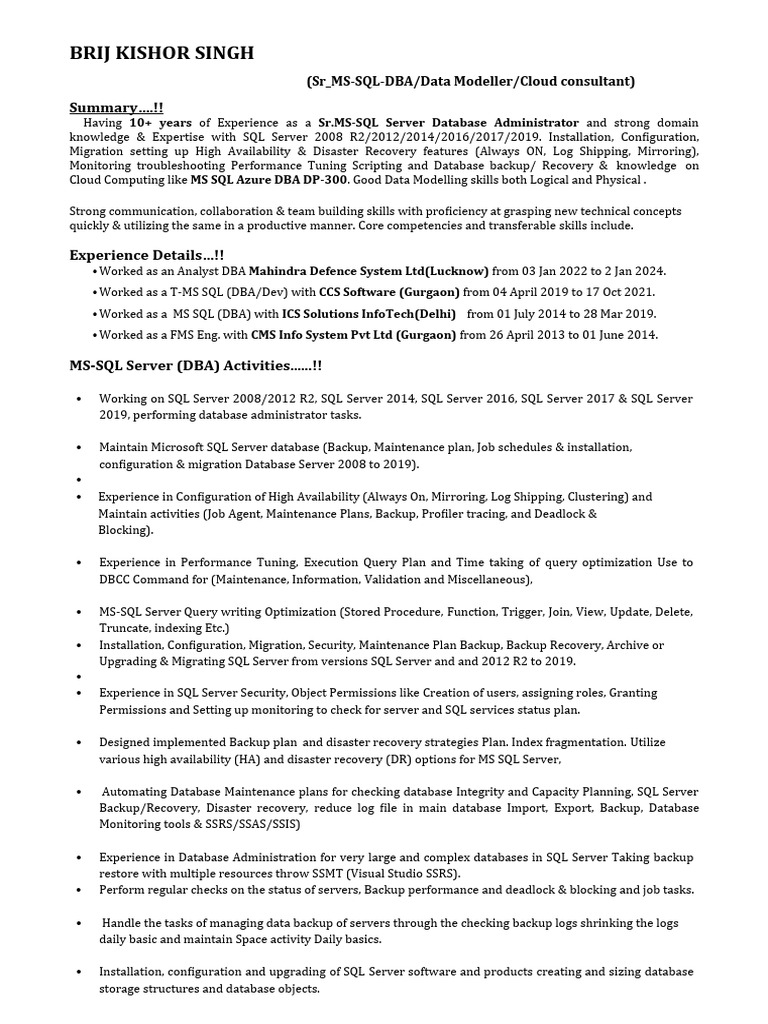 Brij Kishor Singh | PDF | Microsoft Sql Server | Databases