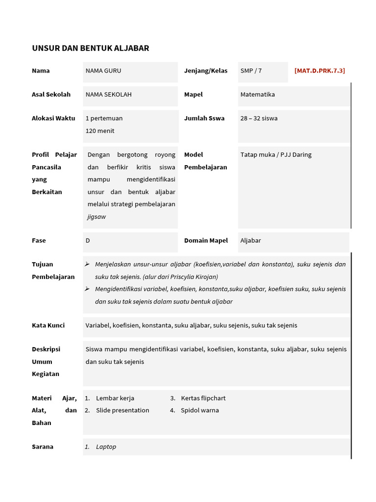 MODUL AJAR - Unsur Dan Bentuk Aljabar | PDF | Seni & Disiplin Bahasa