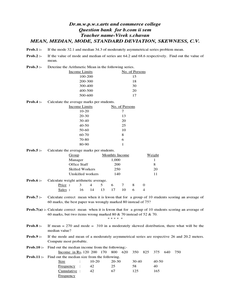 Question Bank B.Com Sem II by Dr. Vivek Chavhan | PDF | Mean | Mode (Statistics)