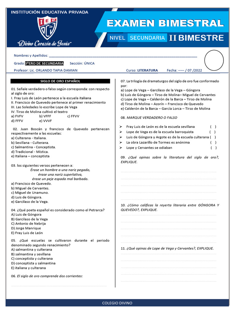 Examen de Literatura 3º | PDF