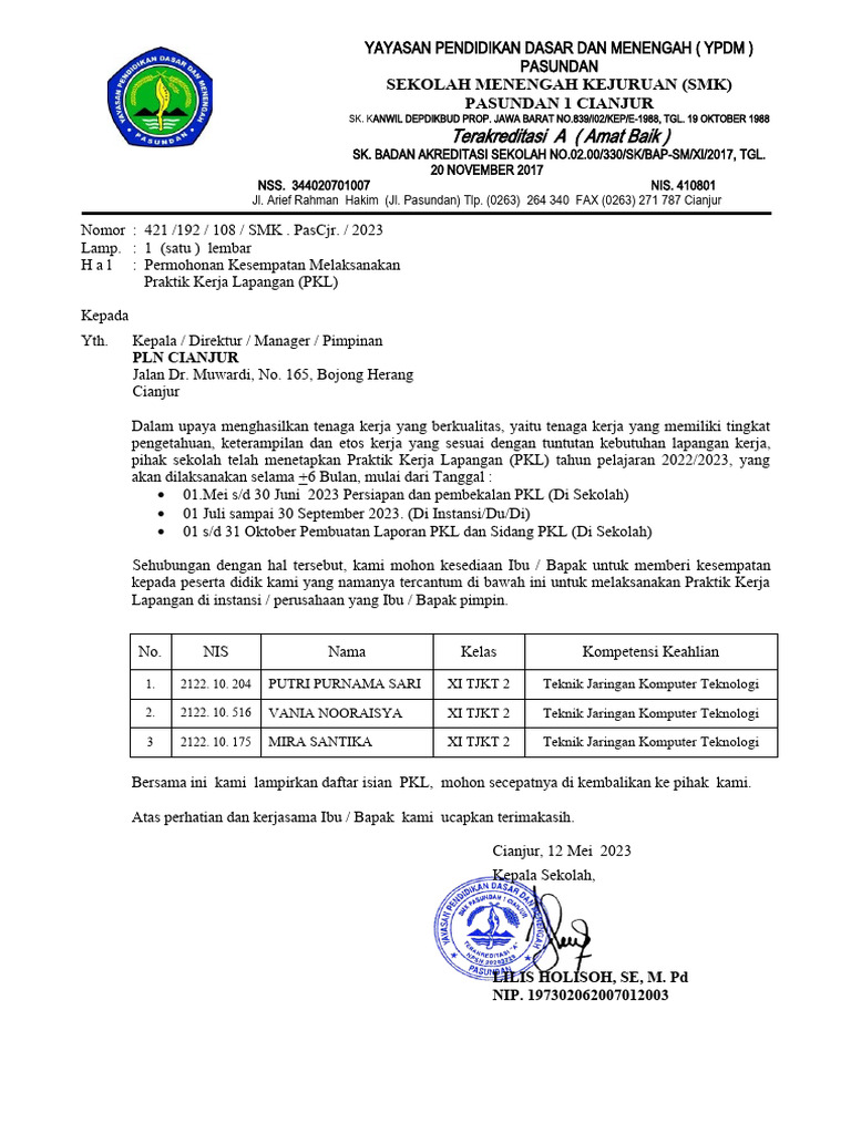 Surat Permohonan PKL TKJ | PDF