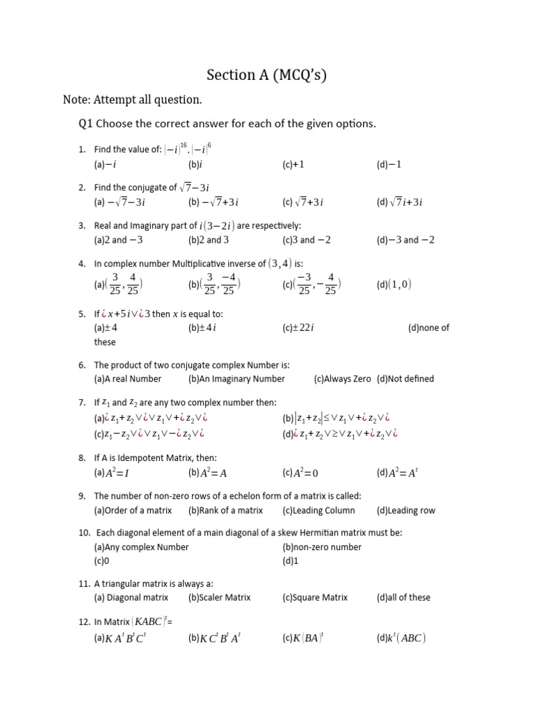 Math XI Alhamd CC | PDF | Matrix (Mathematics) | Complex Number