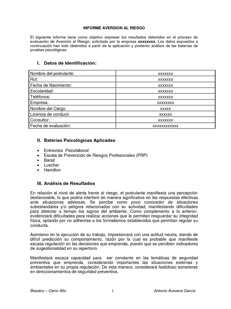 Formato Tipo Aversion Al Riesgo | PDF | Comportamiento | Riesgo