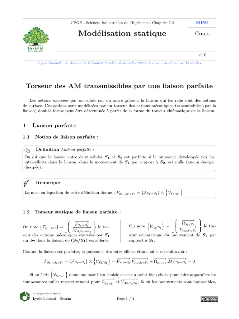 Torseur des actions mécaniques | PDF