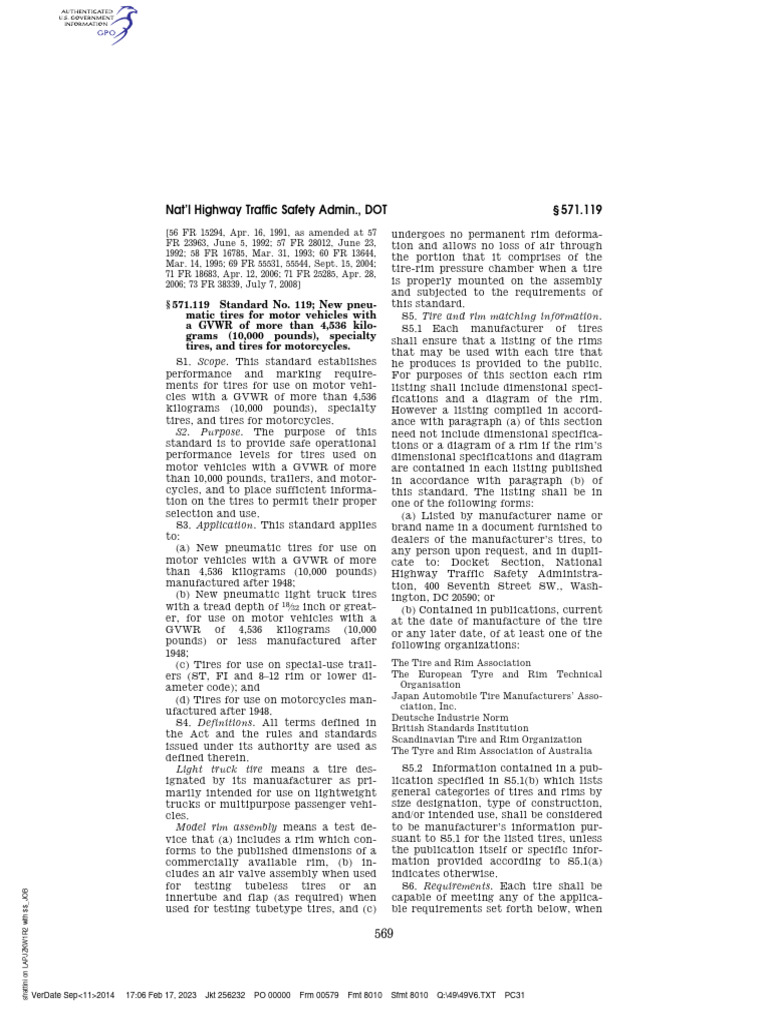 FMVSS 119 2022-10-01 | PDF | Tire | Motor Vehicle