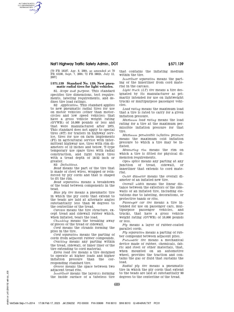 FMVSS 139 2022-10-01 | PDF | Tire | Transport