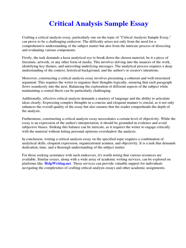 Critical Analysis Sample Essay | PDF | Critical Thinking | Essays