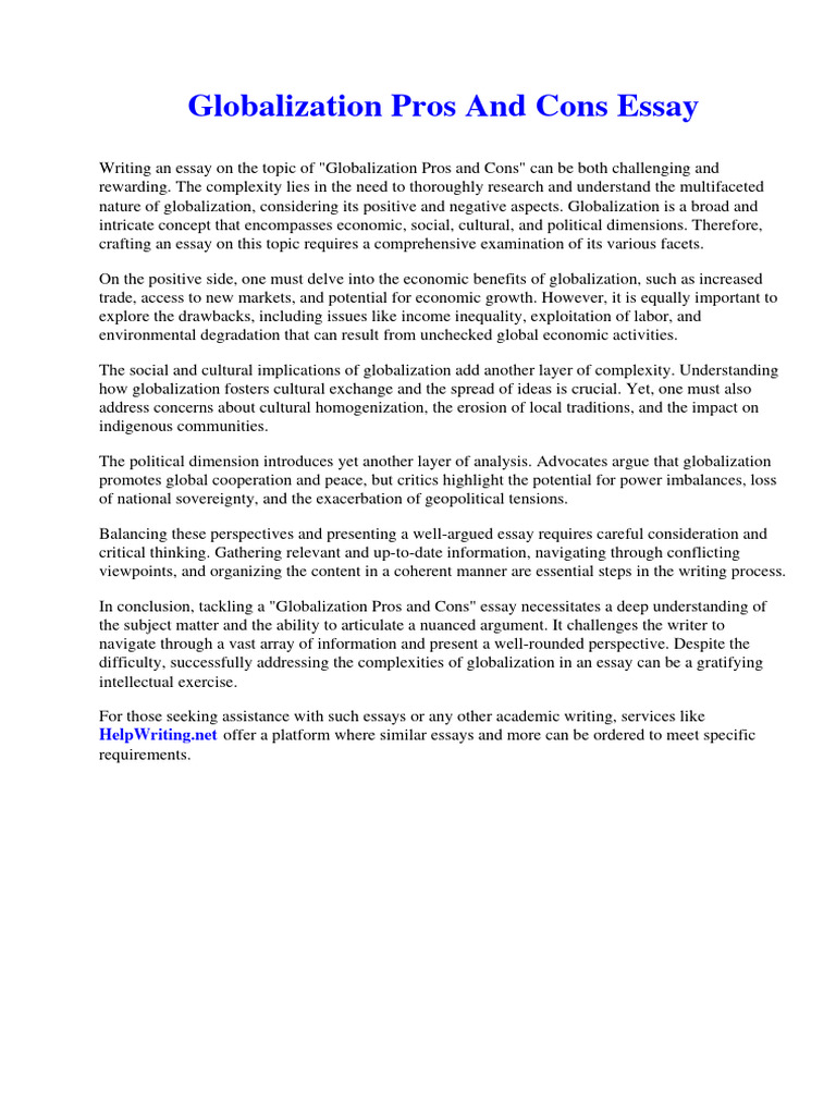 Globalization Pros and Cons Essay | PDF | Wearable Technology | Globalization