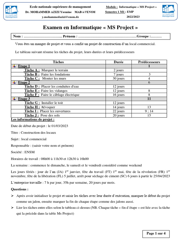 Examen MS Project - Projet de Construction | PDF