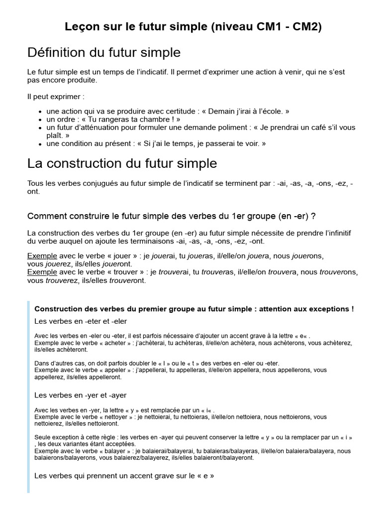 Le futur simple : leçon et exercices | PDF | Verbe | Conjugaison