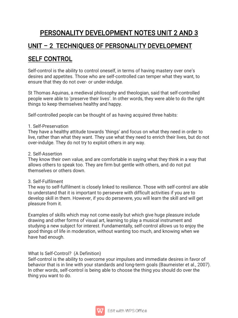 Personality Development Notes Unit 2 and 3 | PDF | Psychological ...