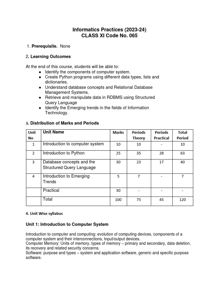 Informatics Practices XI Syllabus 2023-24 | PDF