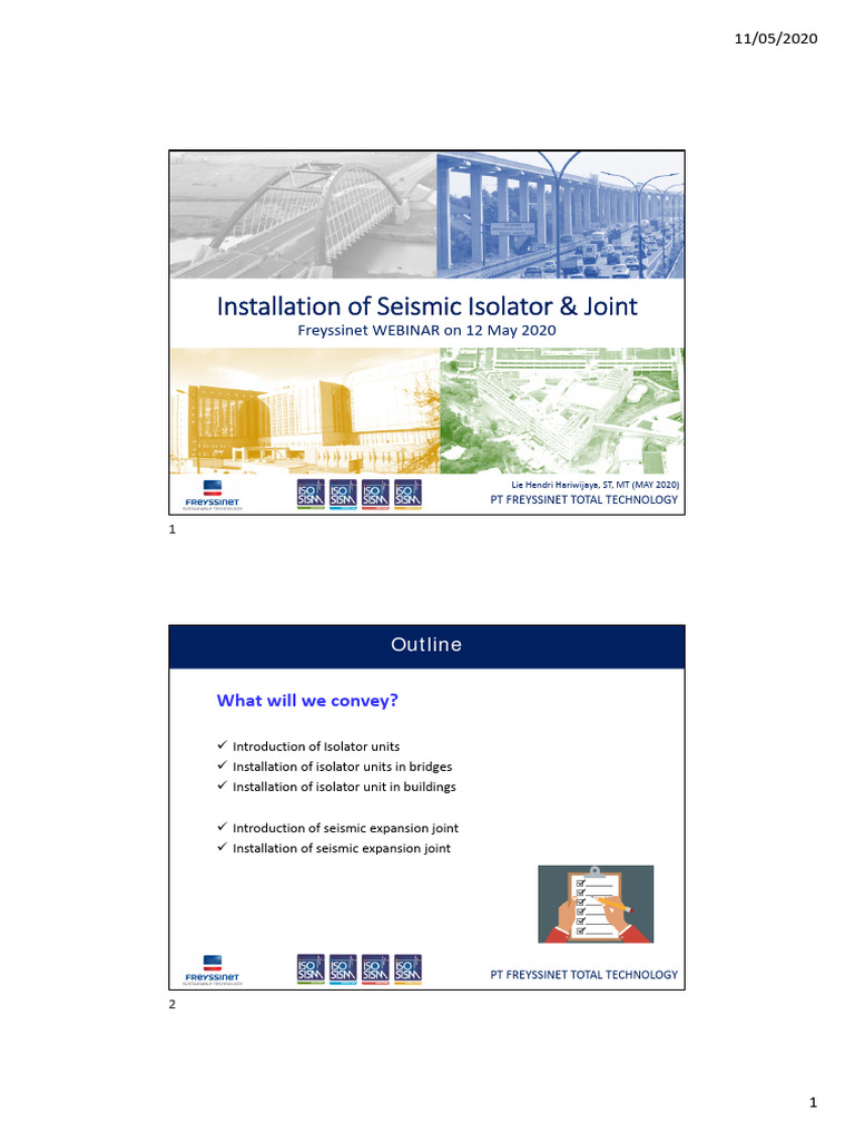 Freyssinet Webinar - Installation of Seismic Isolator & Joint - Lie Hendri Hariwijaya - 120520 | PDF